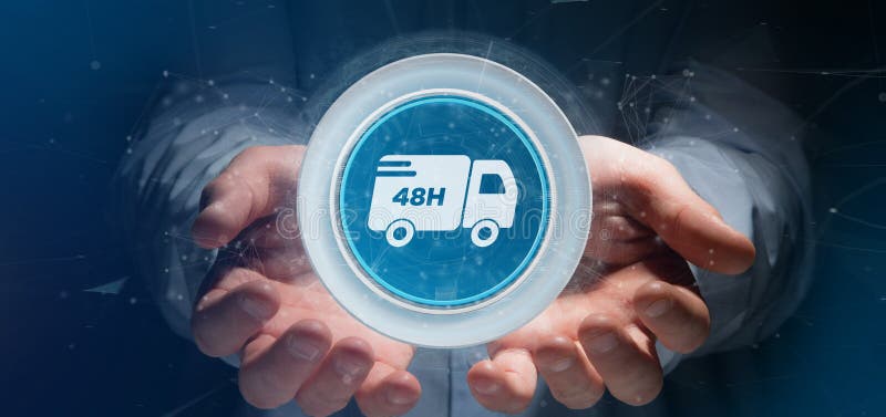 Businessman Holding a Fast Delivery Button with Connection 3d Re Stock ...
