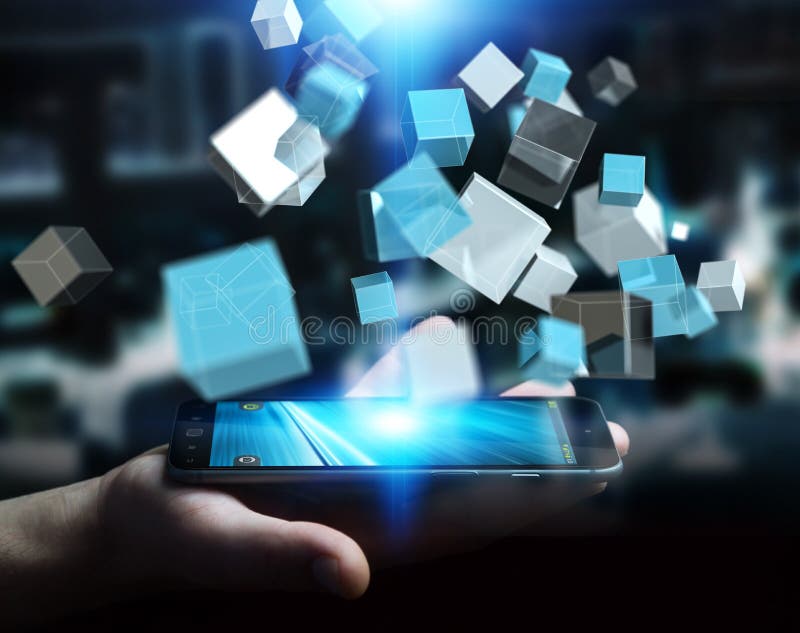 Businessman Holding Floating Blue Shiny Cube Network 3D Rendering Stock ...