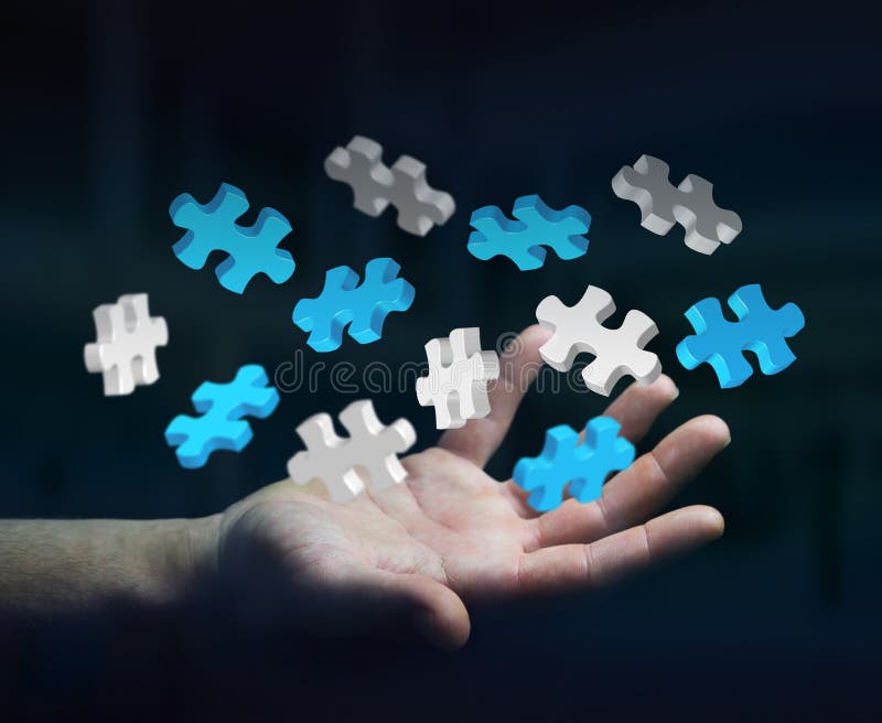 Businessman Holding Flying Puzzle Pieces 3D Rendering Stock ...