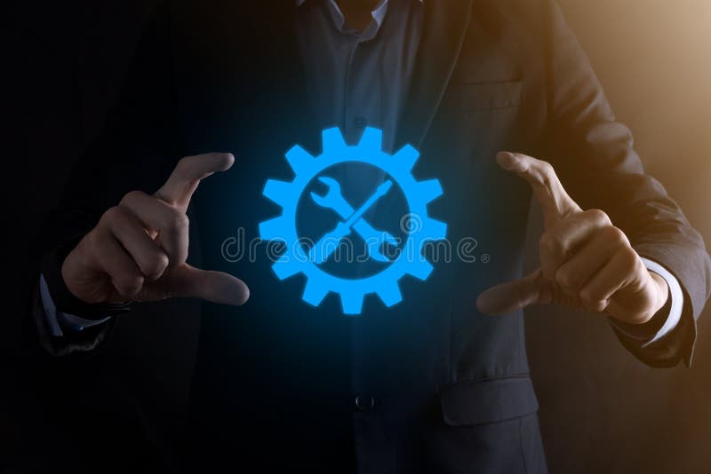 Businessman Holding Gear Icon with Tools.Gearing Stock Photo - Image of ...