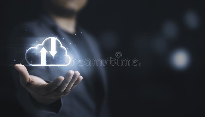 Businessman Holding and Giving Virtual Cloud Computing with Copy Space ...