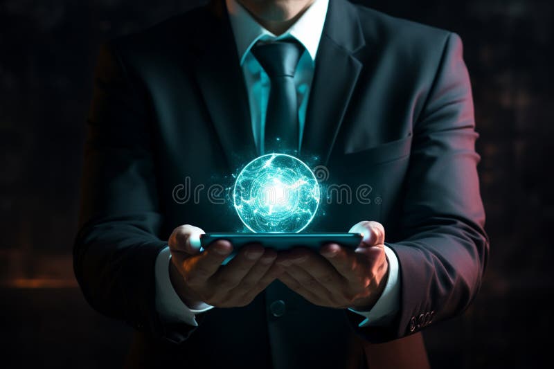 Businessman Holding the Global Digital Screen, Digital Layer Effect ...