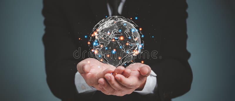 Businessman Holding Global Network Connection. Digital Future ...