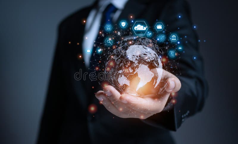 Businessman Holding Globe with Virtual Global Internet Connection. Global Internet Connection ...
