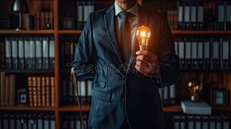 Businessman Holding a Glowing Bulb in a Library. Stock Photo - Image of ...