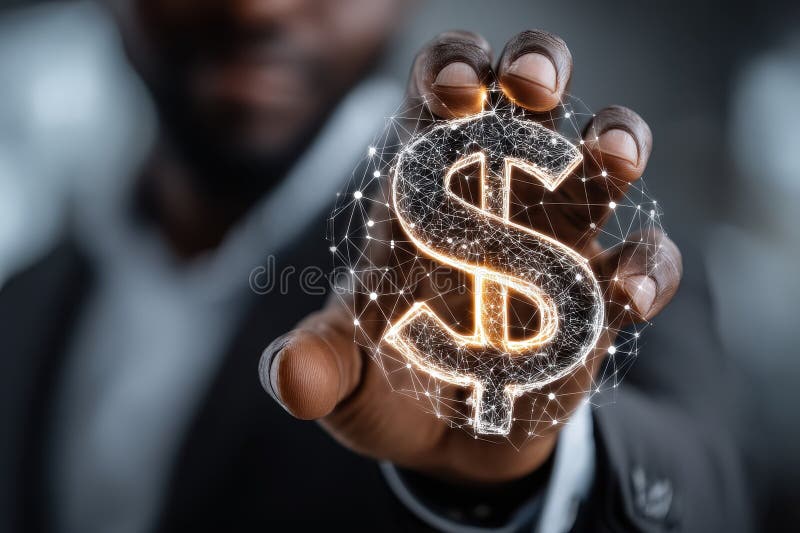 Businessman Holding Glowing Digital Dollar Symbol in Modern Context of ...