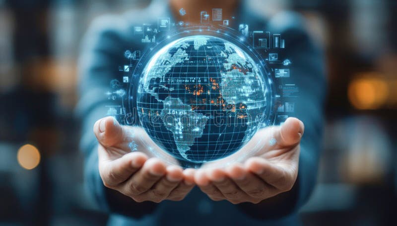 Businessman Holding Glowing Earth with Data Connecting Global Network ...