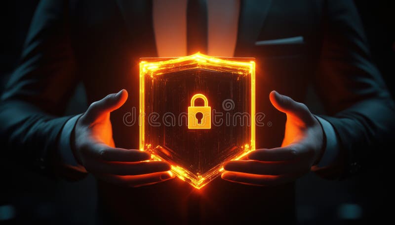 Businessman Holding Glowing Security Shield with Lock Stock Image ...