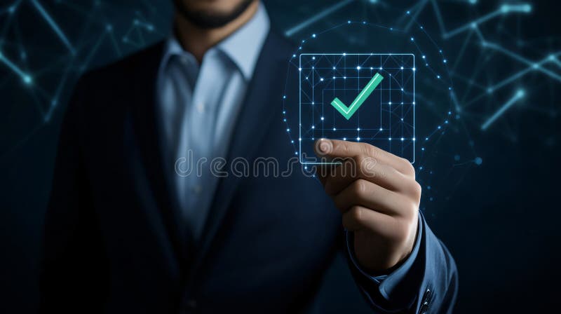 Businessman Holding Green Check Mark Icon Approving Project Stock ...