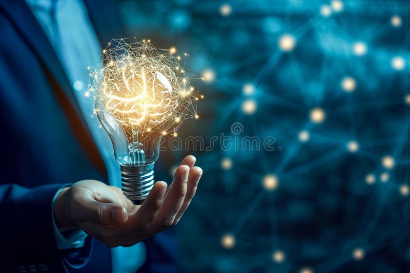 Businessman Holding Half of an Abstract Light Bulb and Brain on a Dark ...