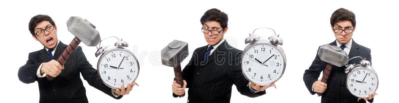 Businessman Holding Hammer and Alarm Clock Isolated on White Stock ...