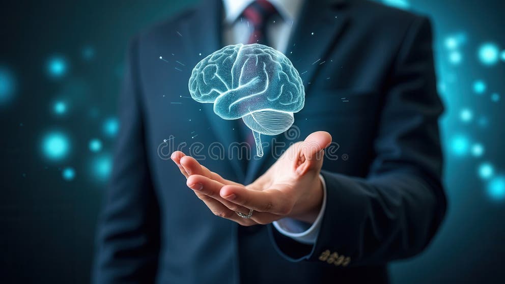 Businessman Holding in Hand Data of Brain Digital. Artificial ...