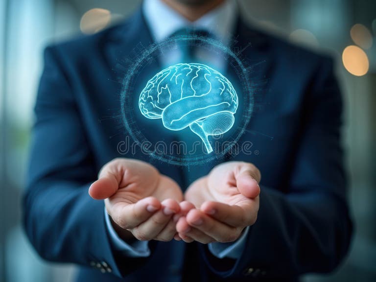 Businessman Holding in Hand Data of Brain Digital. Artificial ...