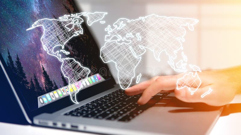 Businessman Holding a Hand Drawn World Map on a Futuristic Inter Stock ...