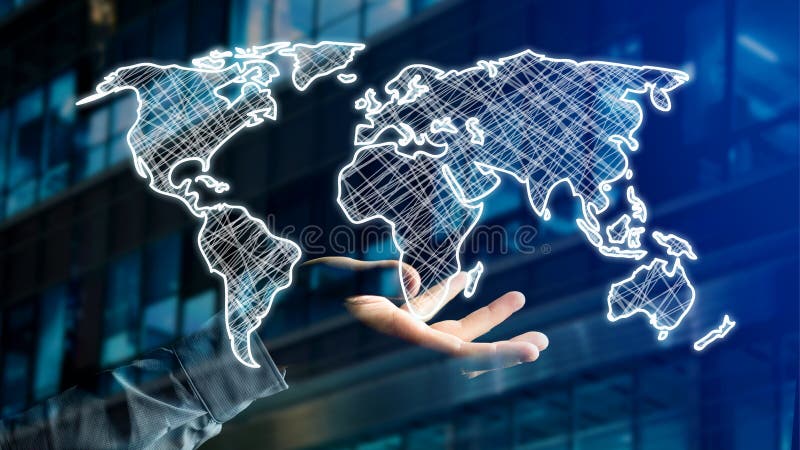 Businessman Holding a Hand Drawn World Map on a Futuristic Inter Stock ...