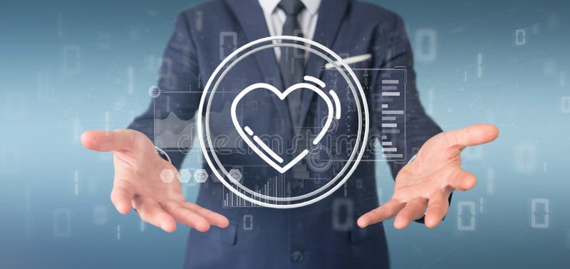 Businessman Holding a Heart Icon Surrounded by Data Stock Photo - Image ...