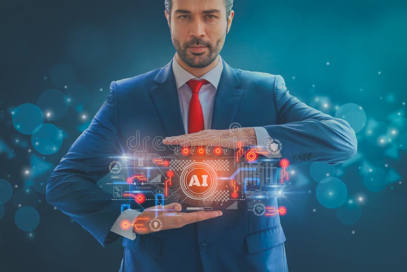 Businessman Holding Holographic Interface Screen Display To Analyze and ...