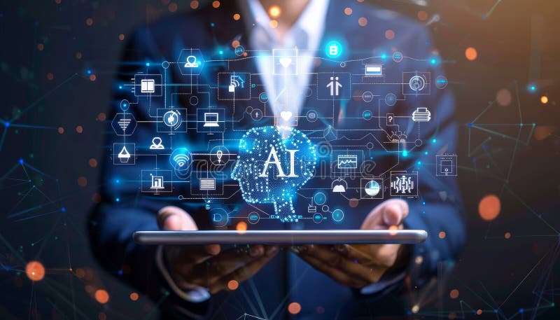 Businessman Holding an IPad with AI Icons Floating in Digital Interface ...