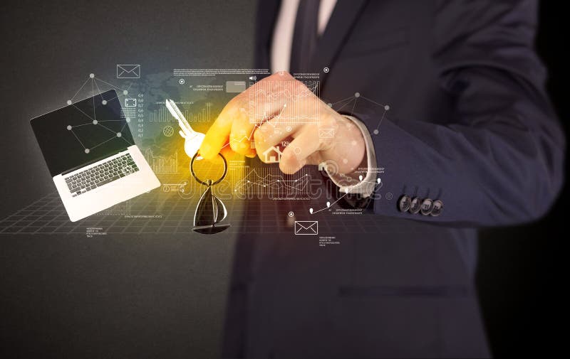 Businessman Holding Keys with Graphs Around Stock Photo - Image of ...