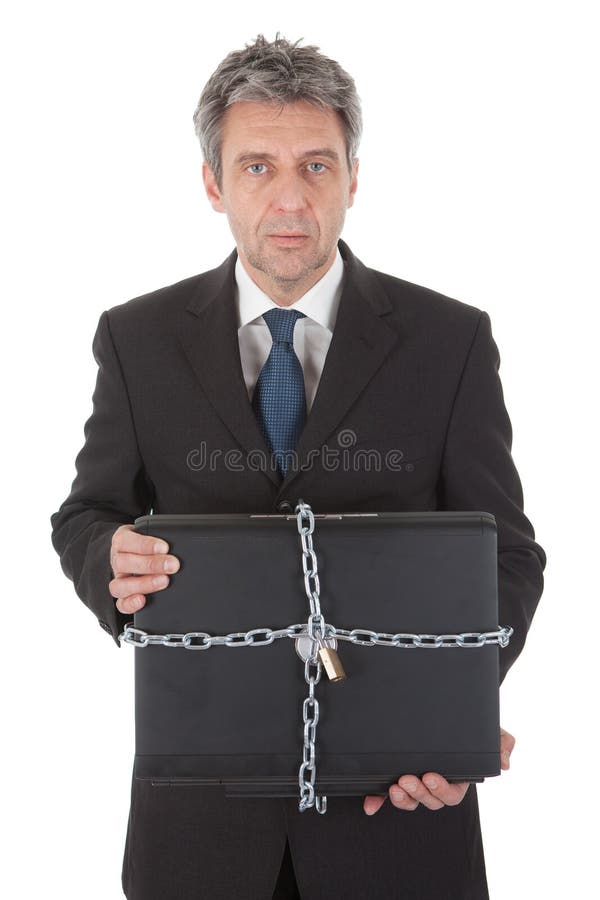 Businessman Holding Laptop with Chain and Lock Stock Image - Image of ...
