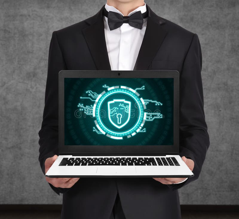 Businessman Holding Laptop with Digital Shield with Lock Interface ...