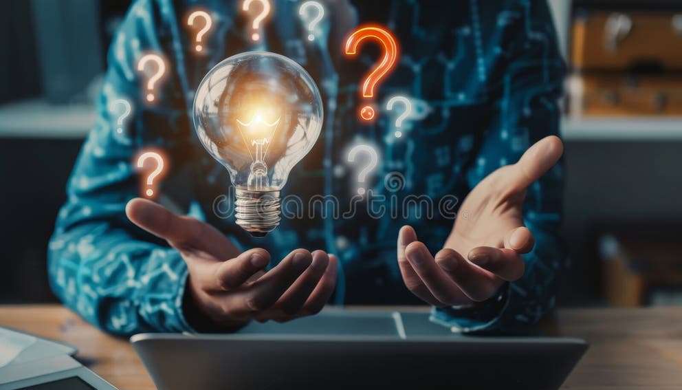 Businessman Holding Light Bulb Icon with Question Marks, Concept of ...
