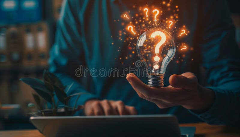 Businessman Holding Light Bulb Icon with Question Marks, Concept of ...
