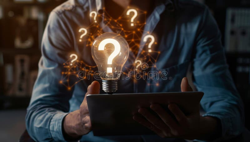 Businessman Holding Light Bulb Icon with Question Marks, Concept of ...