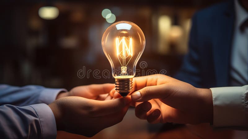 Businessman Holding Light Bulb in Office, Exemplifying Teamwork and ...