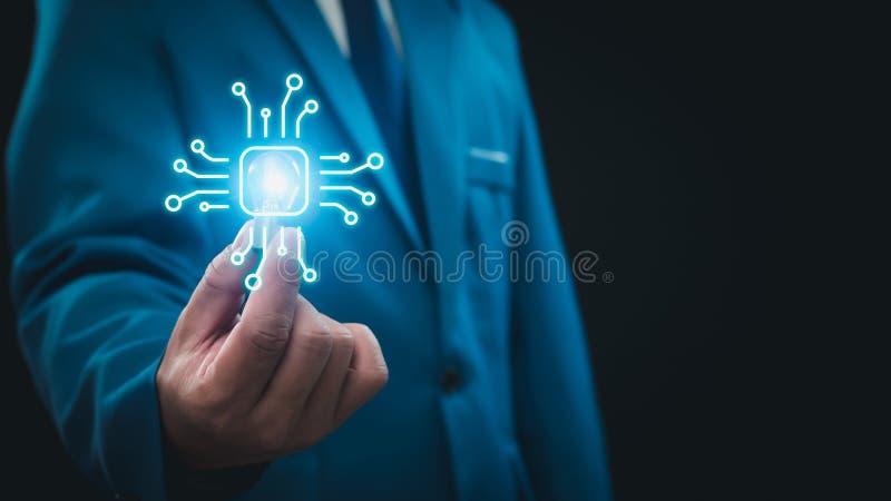 Businessman Holding Light Bulb with Robot Circuit Board Model and AI ...