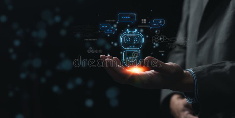 Businessman Holding a Light Chatbot Hologram Intelligence AI. Digital ... Businessman Holding a Light Chatbot Hologram Intelligence AI. Digital ...