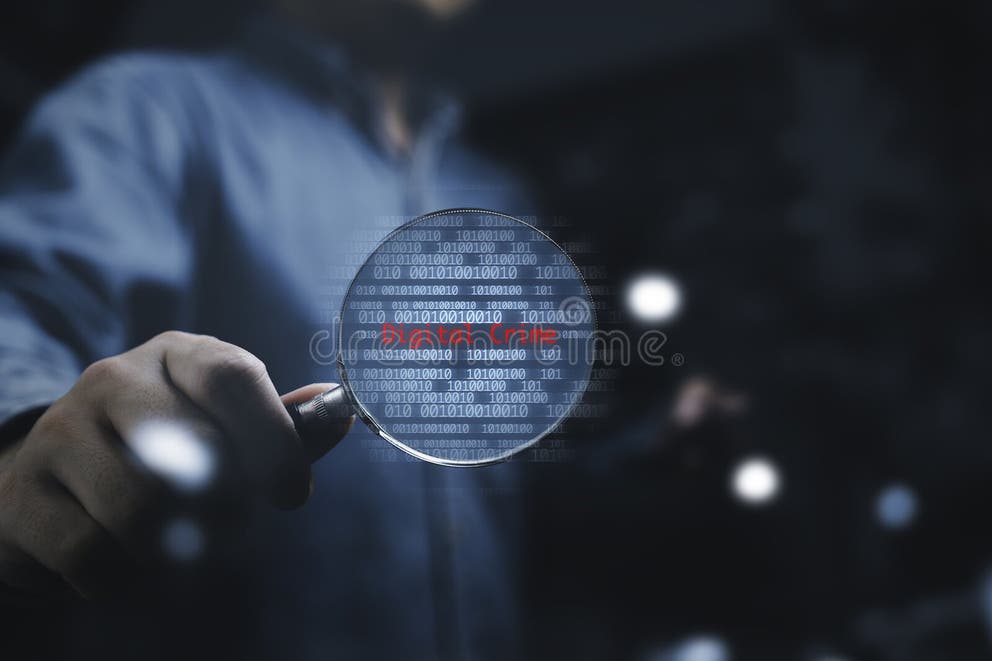 Businessman Holding Magnifier Glass with Binary Code and Red Digital ...