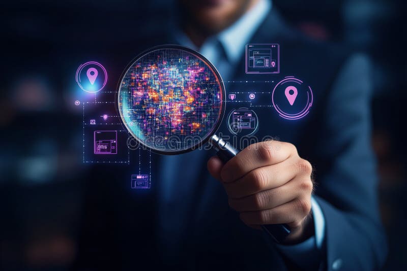 Businessman Holding Magnifying Glass Examines Digital Map with Location ...