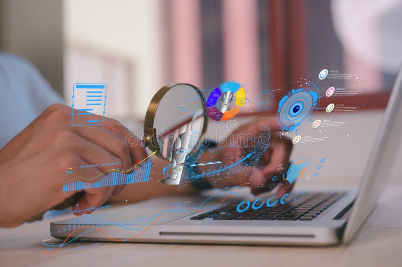 Businessman Holding Magnifying Glass Looking at Virtual Ai Data Chart ...