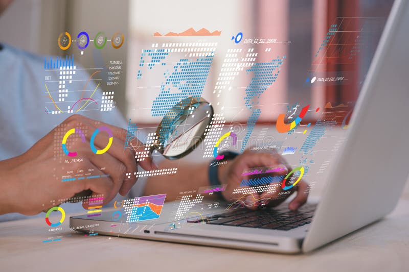 Businessman Holding Magnifying Glass Looking at Virtual Data Chart ...