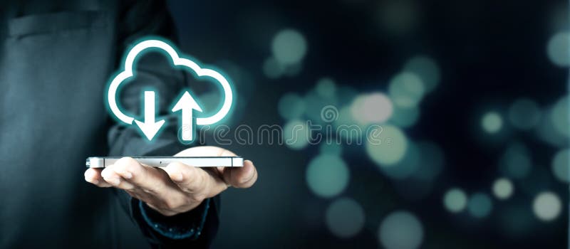 Businessman Holding Mobile Phone with Virtual Cloud Computing Stock ...