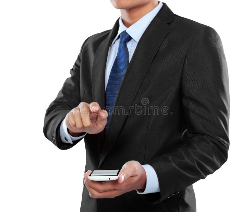 Businessman Holding Mobile Smart Phone and Touching Screen Stock Image ...
