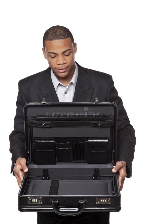 Businessman Holding Open Briefcase Stock Photo - Image of full, looking ...