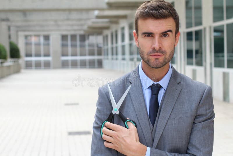 Businessman Holding a Pair of Scissors Stock Photo - Image of economy ...