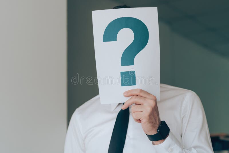 Businessman Holding Paper with Printed Question Mark Over His Face ...