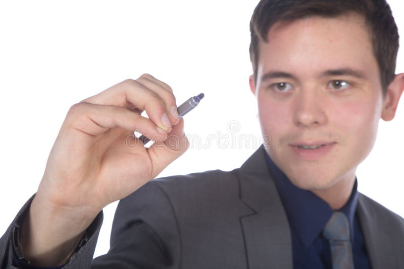 Businessman Holding Pen in Hand Stock Photo - Image of wall, banner ...