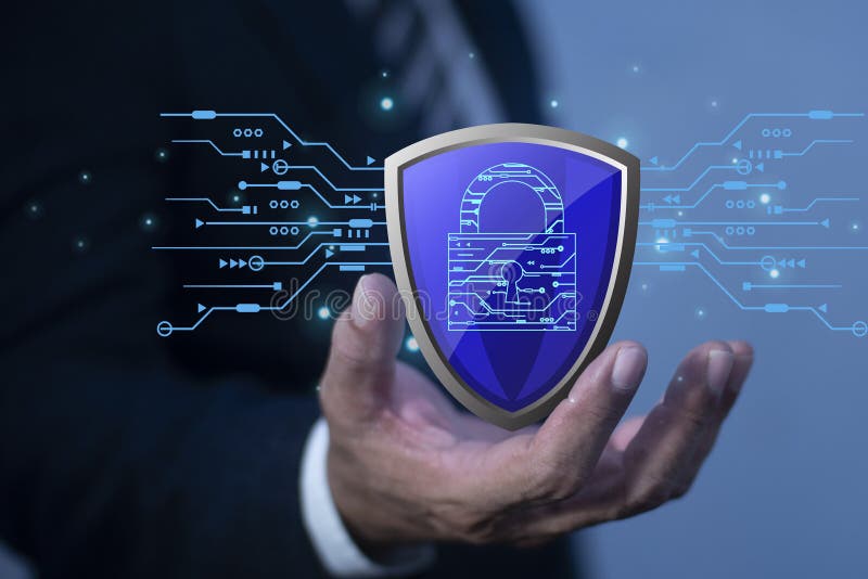 Businessman Holding Protection Data Shield Icon, Network Cyber Security ...
