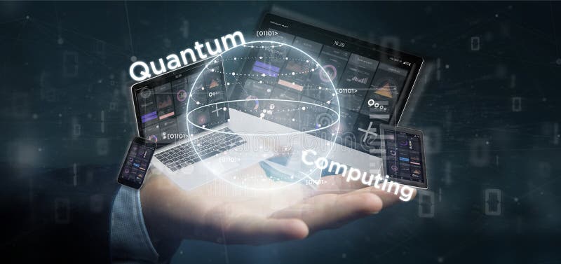 Businessman Holding Quantum Computing Concept with Qubit and Devices 3d ...