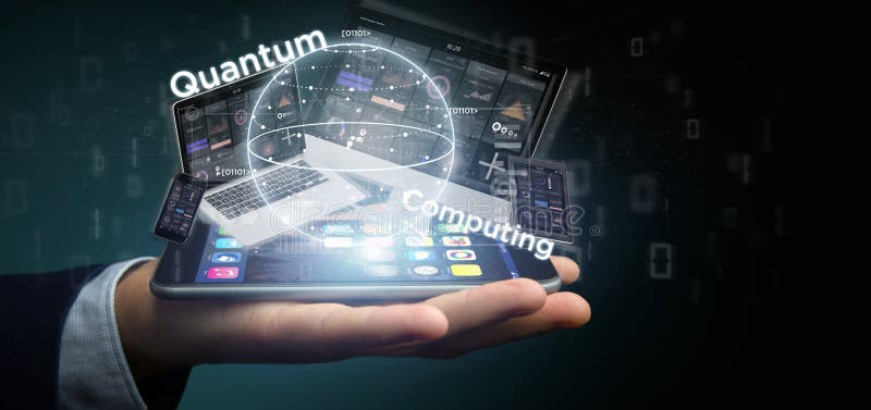 Businessman Holding Quantum Computing Concept with Qubit and Devices 3d ...