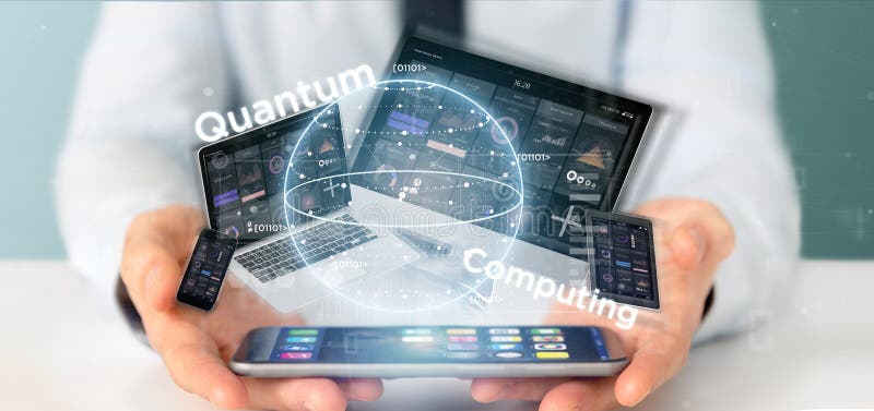 Businessman Holding Quantum Computing Concept with Qubit and Devices 3d ...