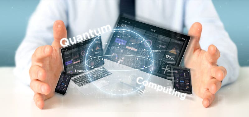 Businessman Holding Quantum Computing Concept with Qubit and Devices 3d ...