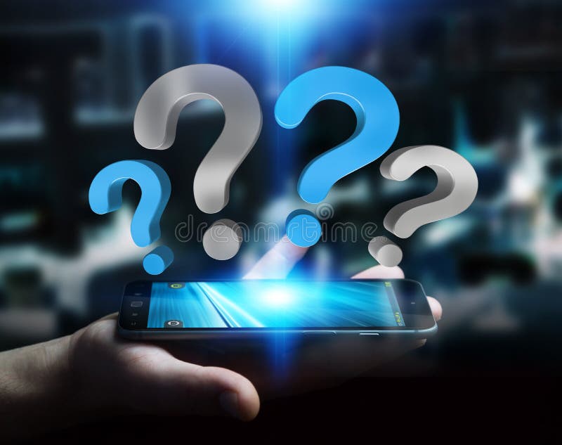 Businessman Holding Question Marks Over Phone 3D Rendering Stock ...