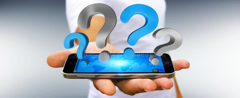 Businessman Holding Question Marks Over Phone 3D Rendering Stock ...