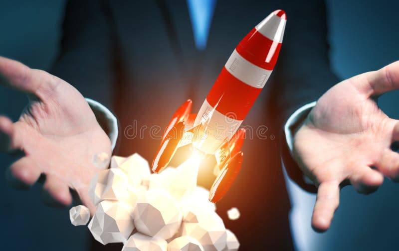 Businessman Holding Red Rocket in His Hand 3D Rendering Stock ...