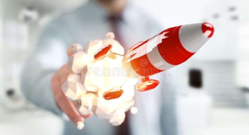 Businessman Holding Red Rocket in His Hand 3D Rendering Stock ...